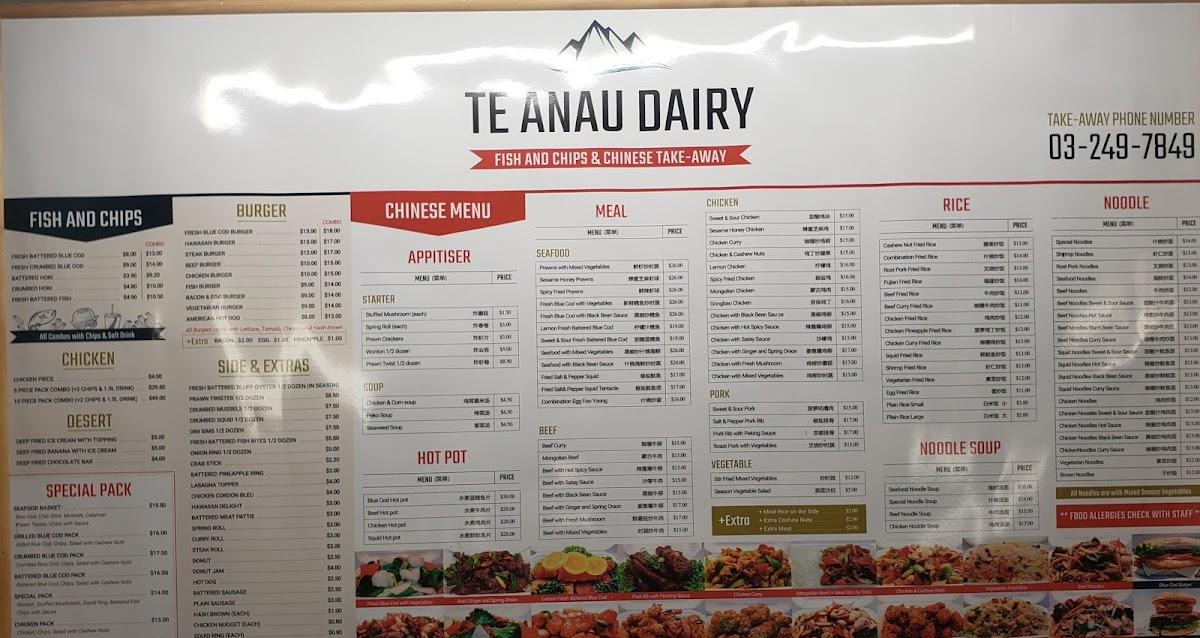 Menu at Te Anau Dairy fast food, Te Anau