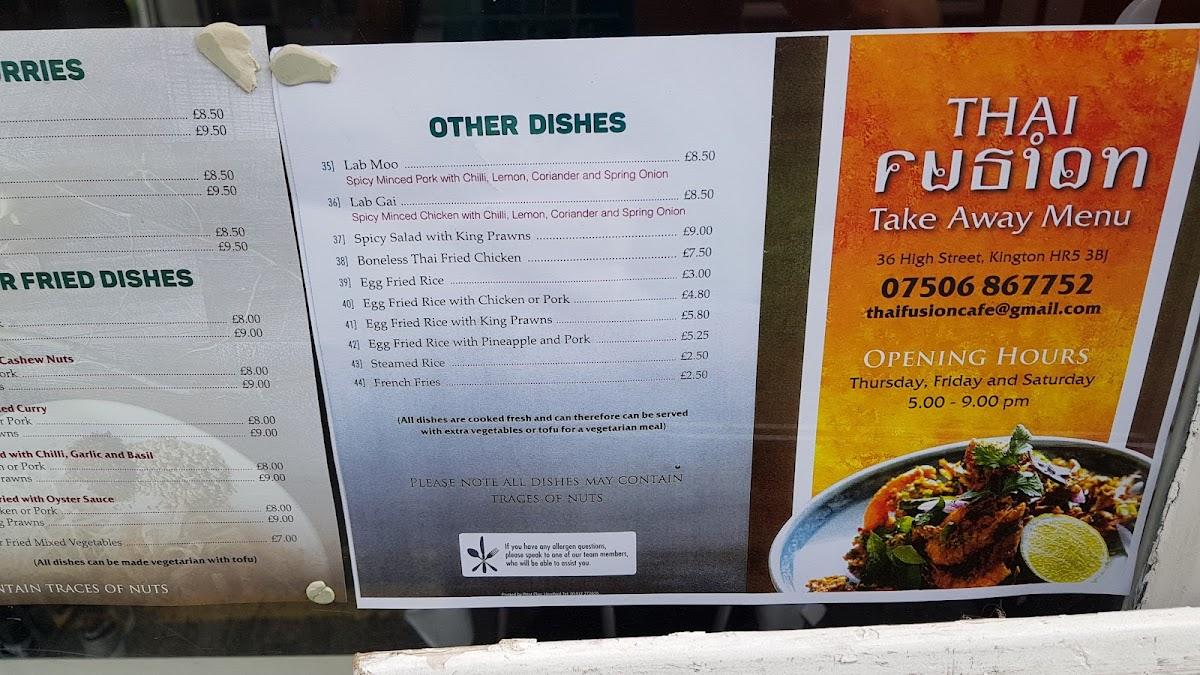 Menu at Thai Kitchen restaurant, Kington