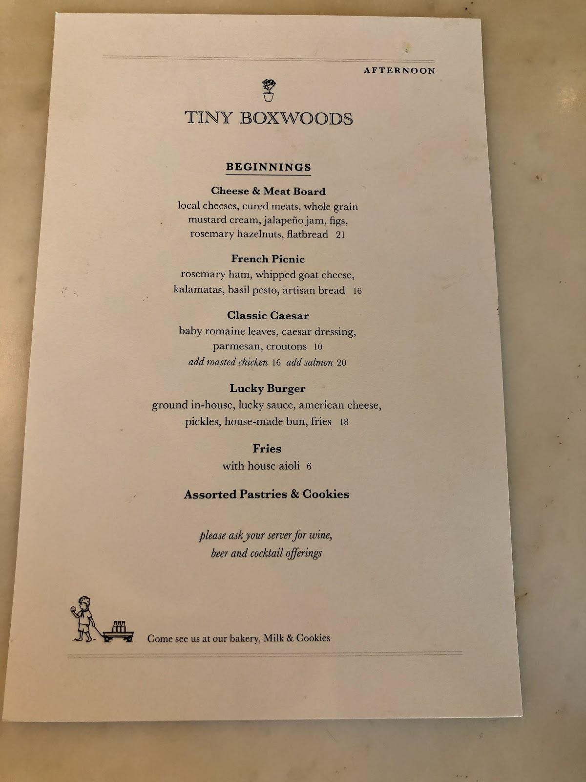 Menu at Tiny Boxwoods Austin restaurant, Austin