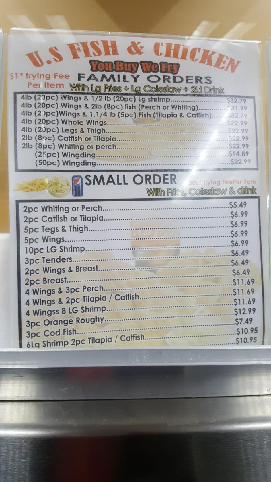 Menu at U.S. Fish & Chicken restaurant, Hamtramck