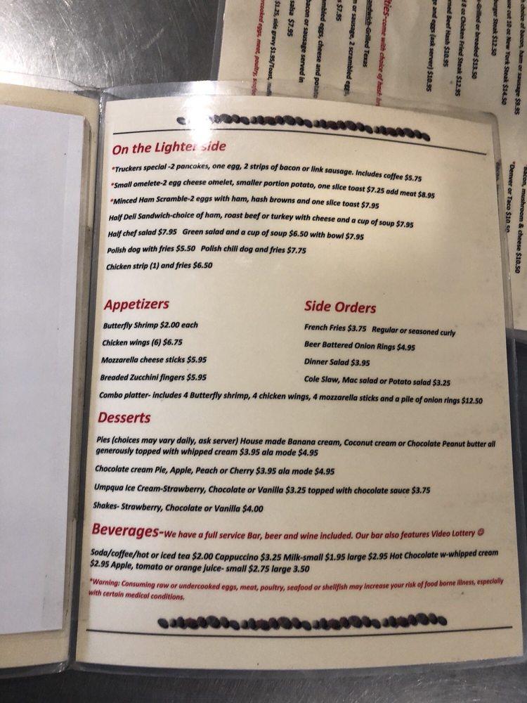 Menu at Cinders Cafe, USA