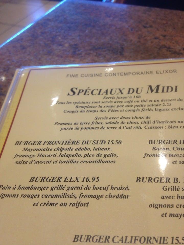 Menu au Elixor restaurant, Laval, Avenue Pierre-Péladeau
