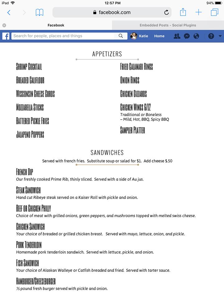 Menu at Rivers Restaurant, Blair