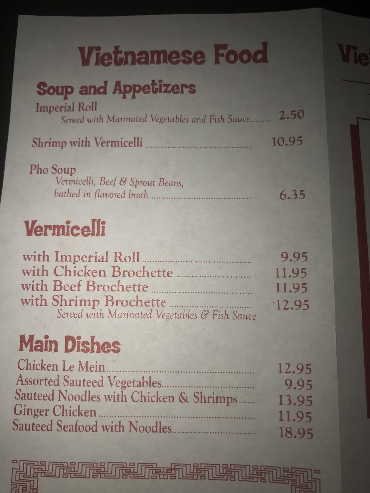 Menu at Thanh Van restaurant, Woodstock