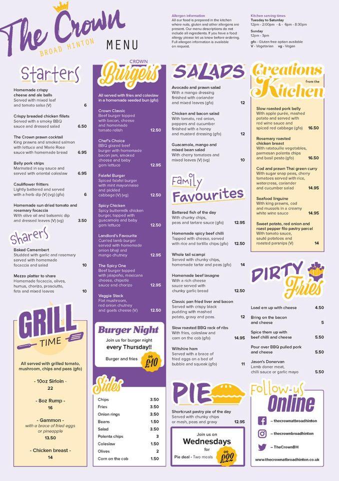 Menu at The Crown Inn at Broad Hinton restaurant, Swindon, High St