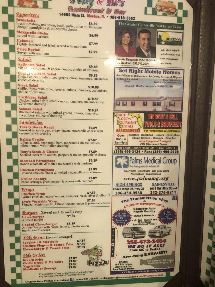 Menu at Tony and Al's Deli pizzeria, Alachua