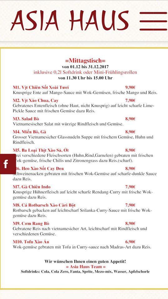 Menu at Asia Haus restaurant, Langenhagen