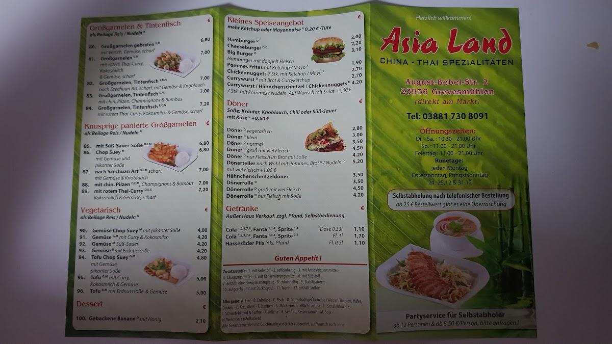 Menu at Asia Land restaurant, Grevesmühlen