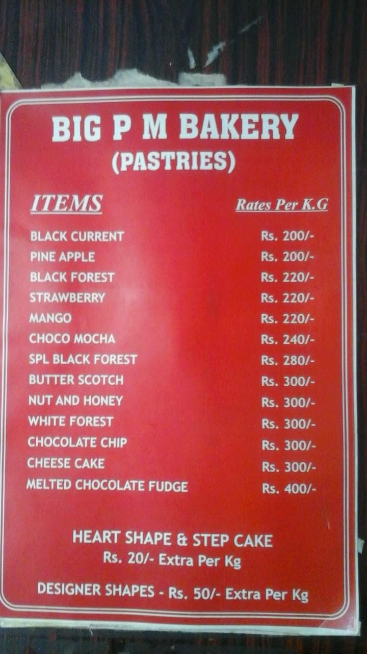 Menu at Big PM Bakery, Bengaluru