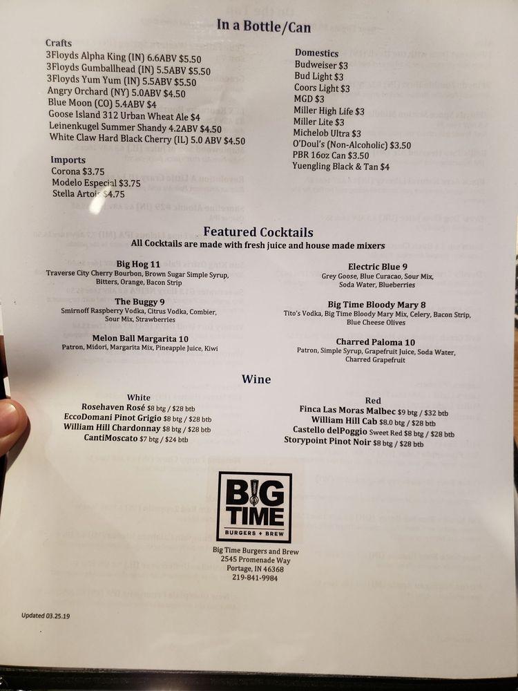 Menu at Big Time Burgers + Brew desserts, Portage