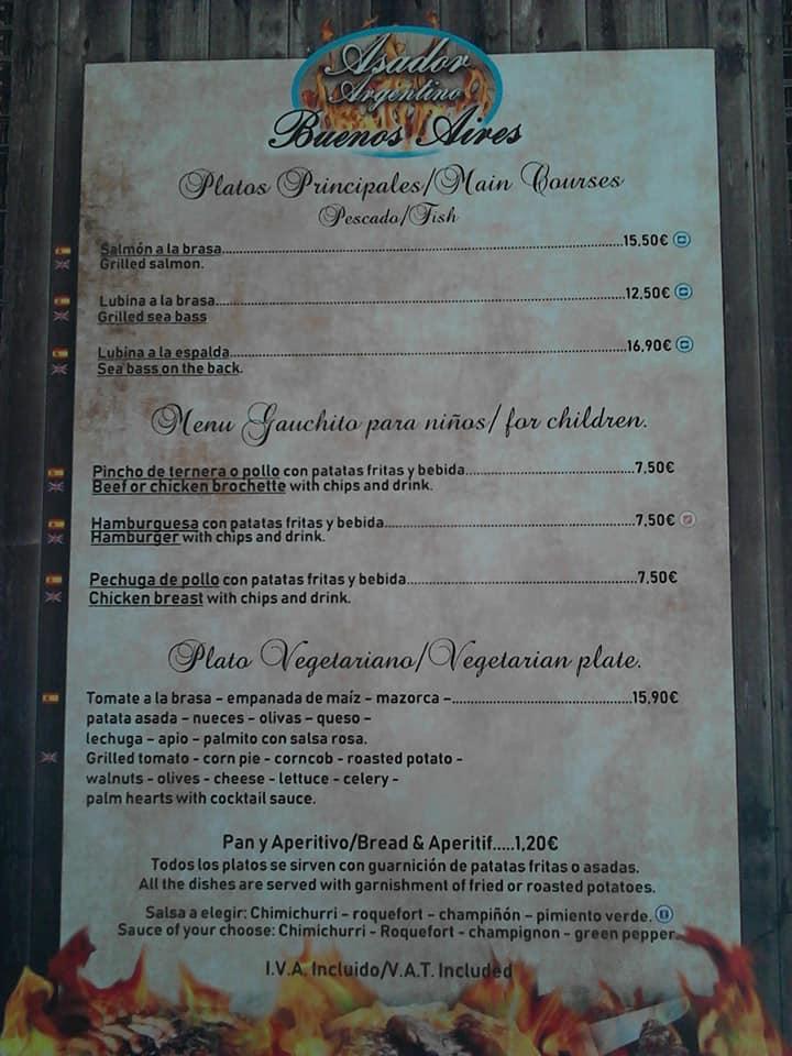 Menu at Steak House Buenos Aires Asador restaurant, Rojales