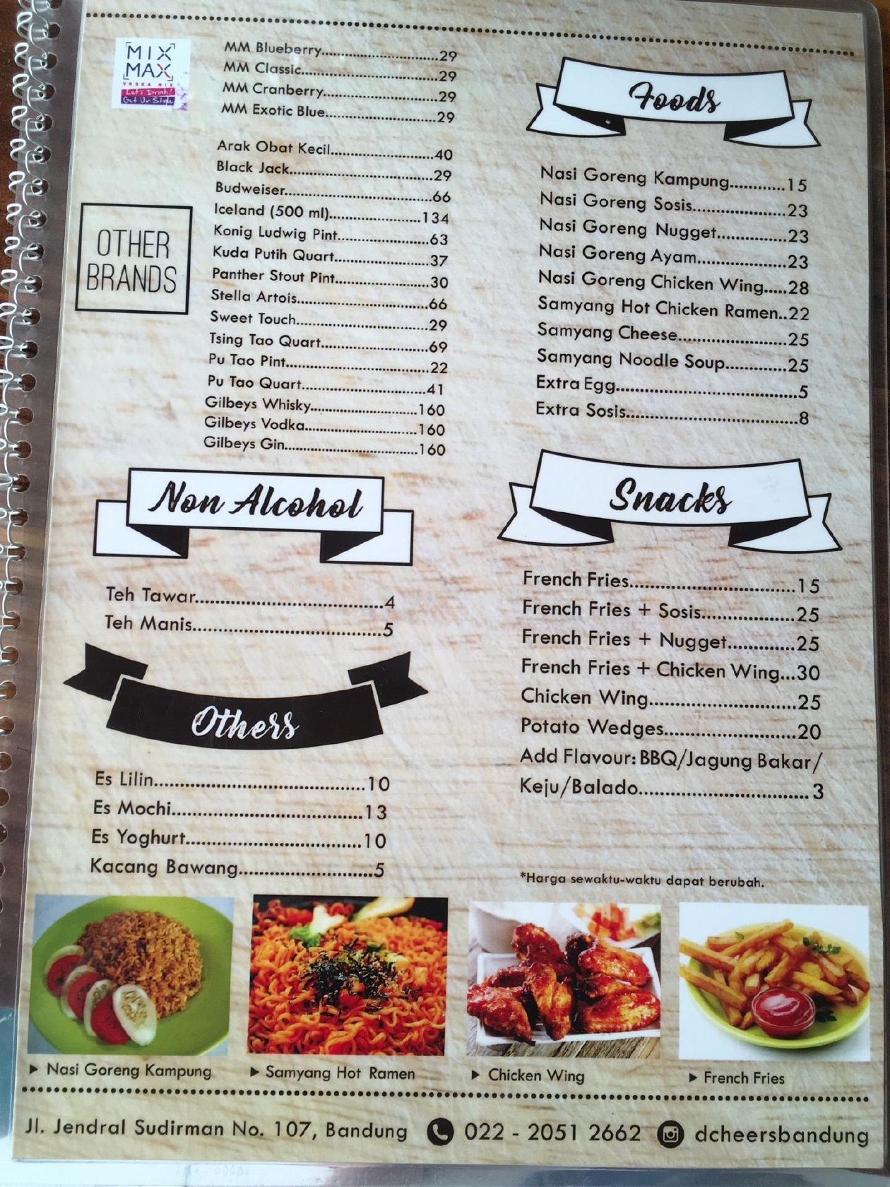 Menu at D'Cheers cafe, Bandung