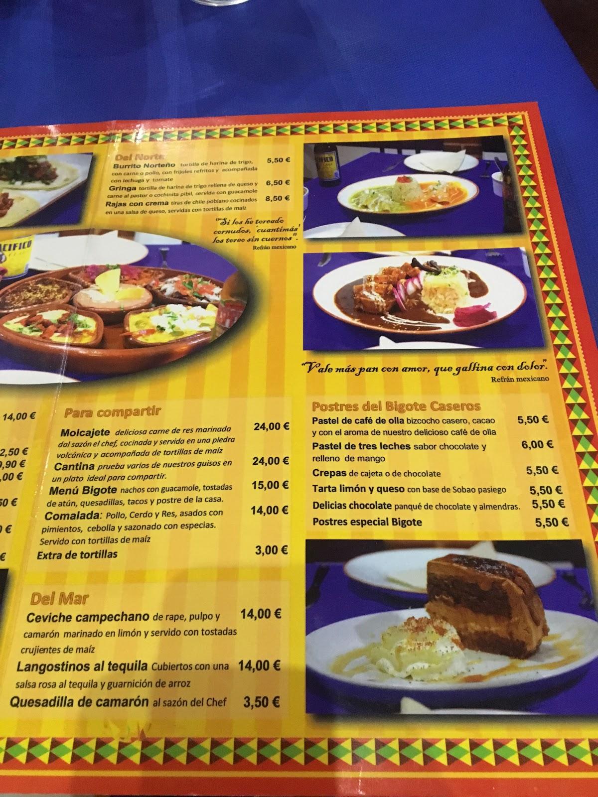Carta del restaurante El Bigote Mexicano, Liérganes