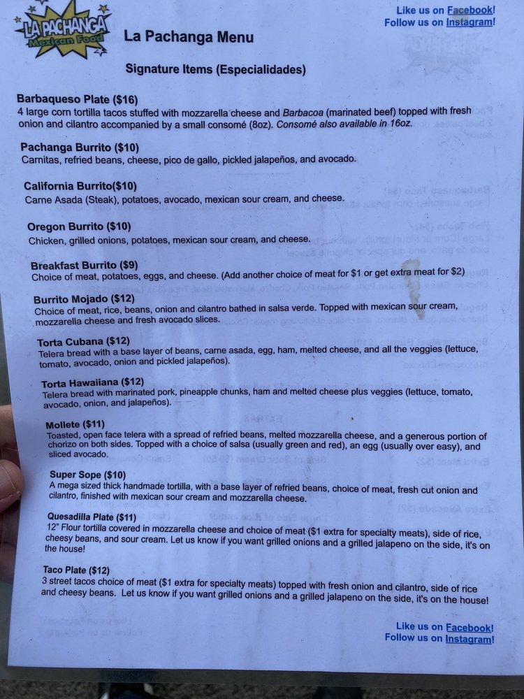 Menu at La Pachanga Mexican Food restaurant, Aloha
