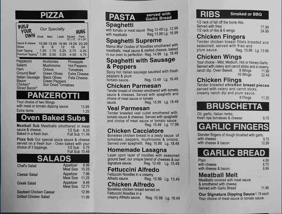 Menu at Pizza Dee's pizzeria, Wasaga Beach