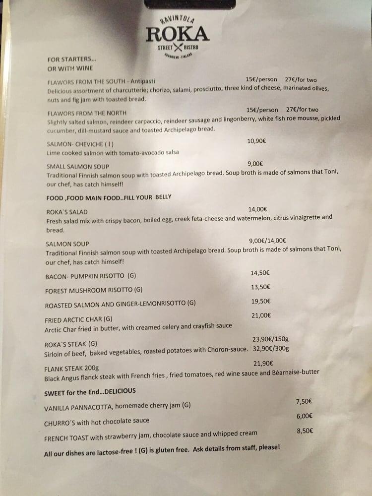 Menu at Ravintola Roka Street Bistro restaurant, Rovaniemi