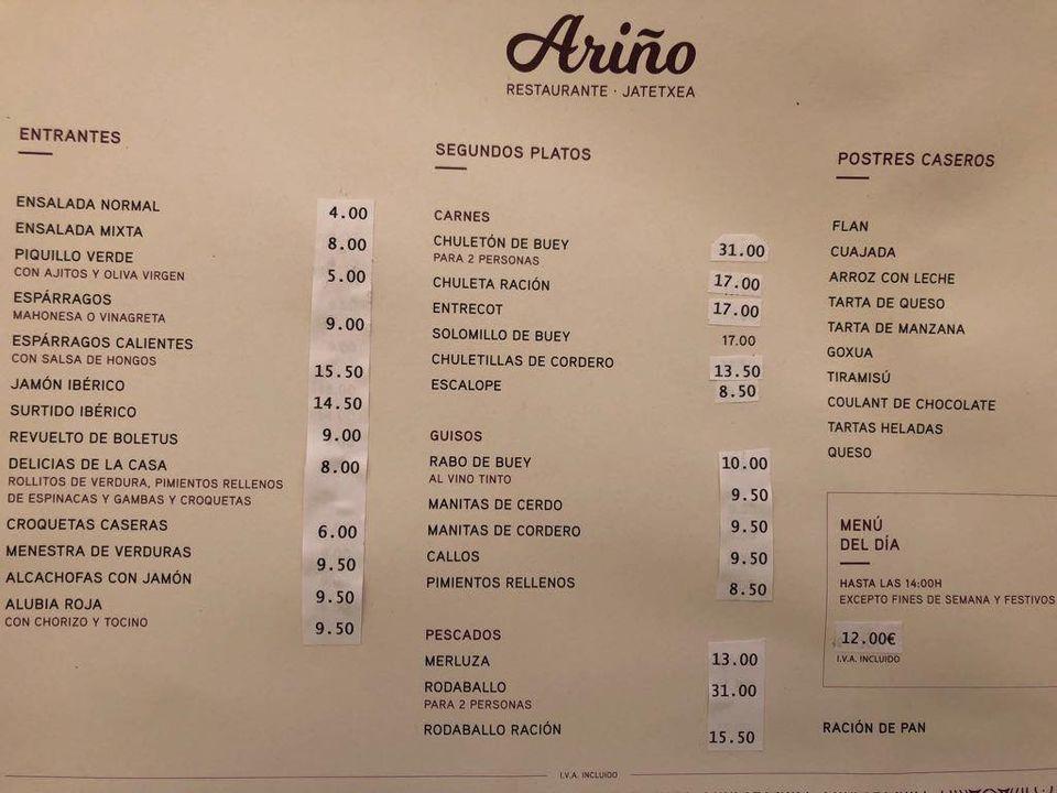 Carta de Restaurante Ariño, Labastida / Bastida