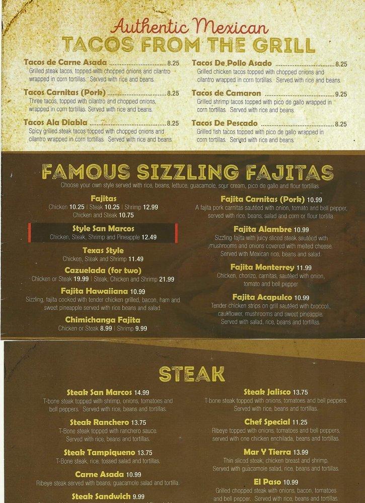Menu at San Marcos Mexican Restaurant, Paris