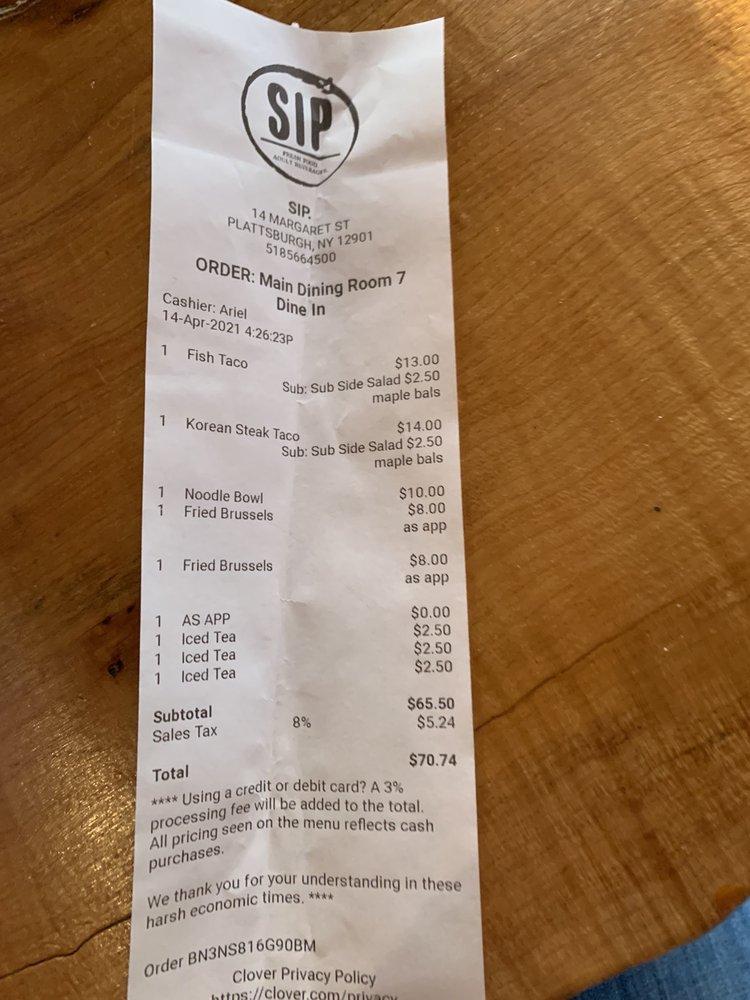 Menu at Sip pub & bar, Plattsburgh