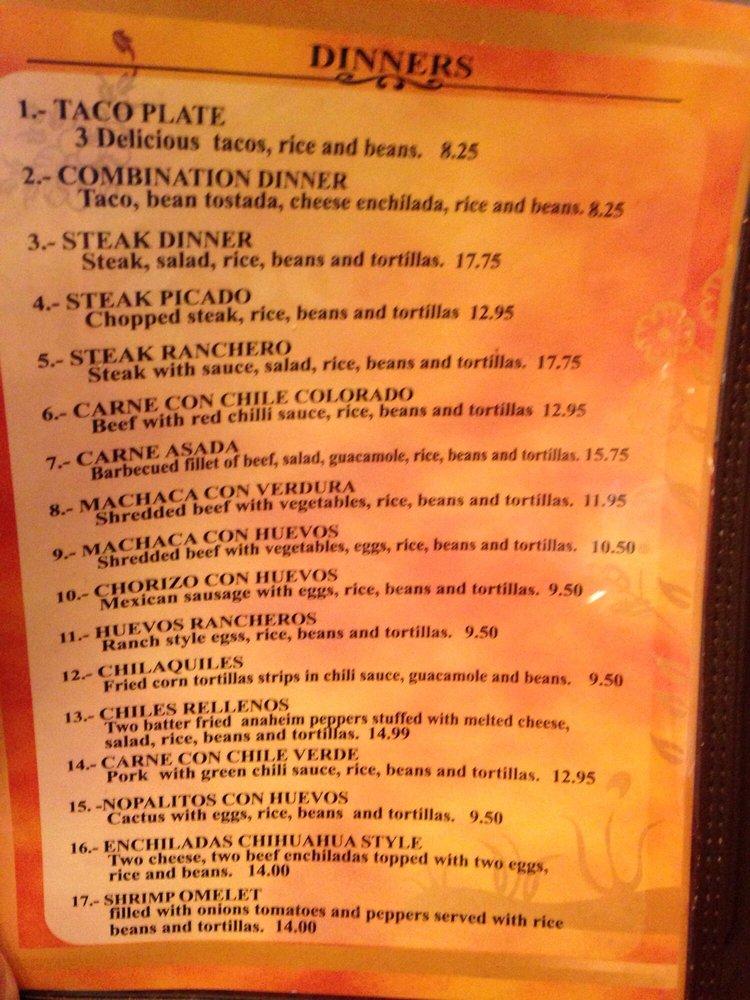 Menu at Sobe's restaurant, El Centro