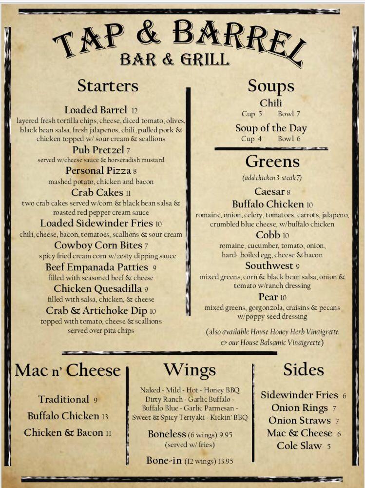 Menu at Tap & Barrel, Wolcott