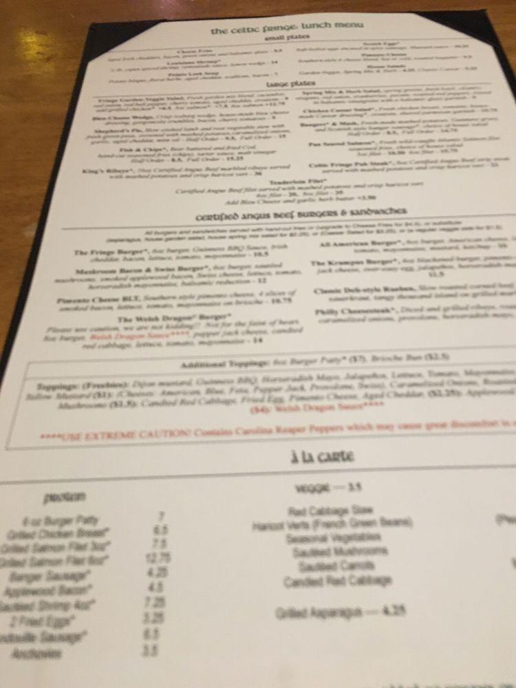 Menu at The Celtic Fringe pub & bar, Reidsville