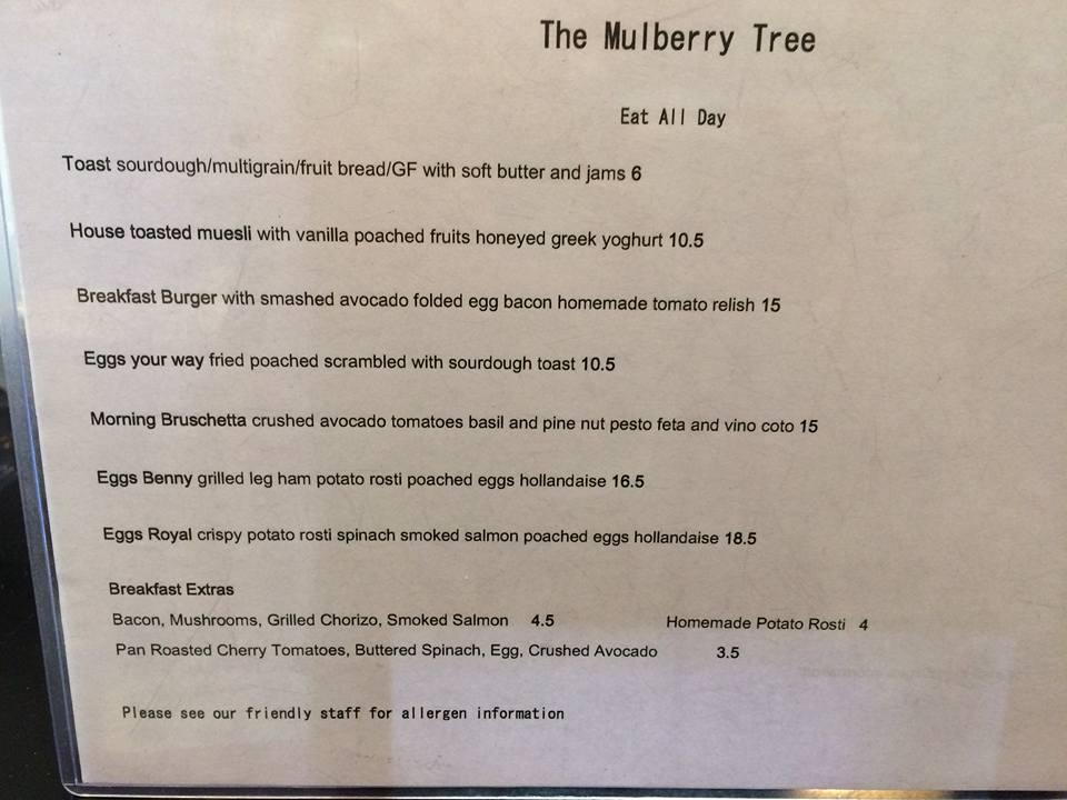 Menu at The Mulberry Tree cafe, Bridgetown