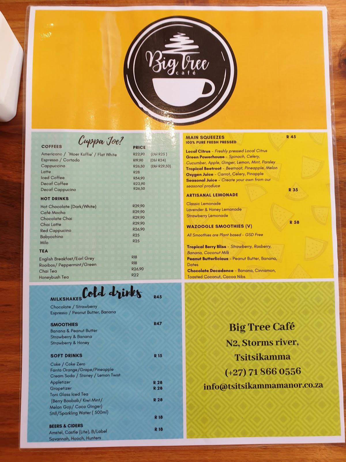 Menu au Big tree cafe, Afrique du Sud