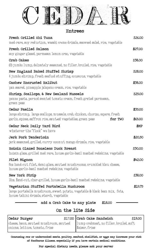 Menu at CEDAR land + sea kitchen restaurant, Ocean View