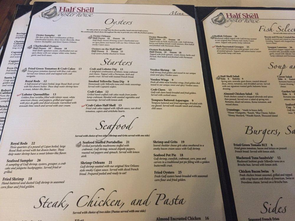 Menu at Half Shell Oyster House restaurant, Gulfport