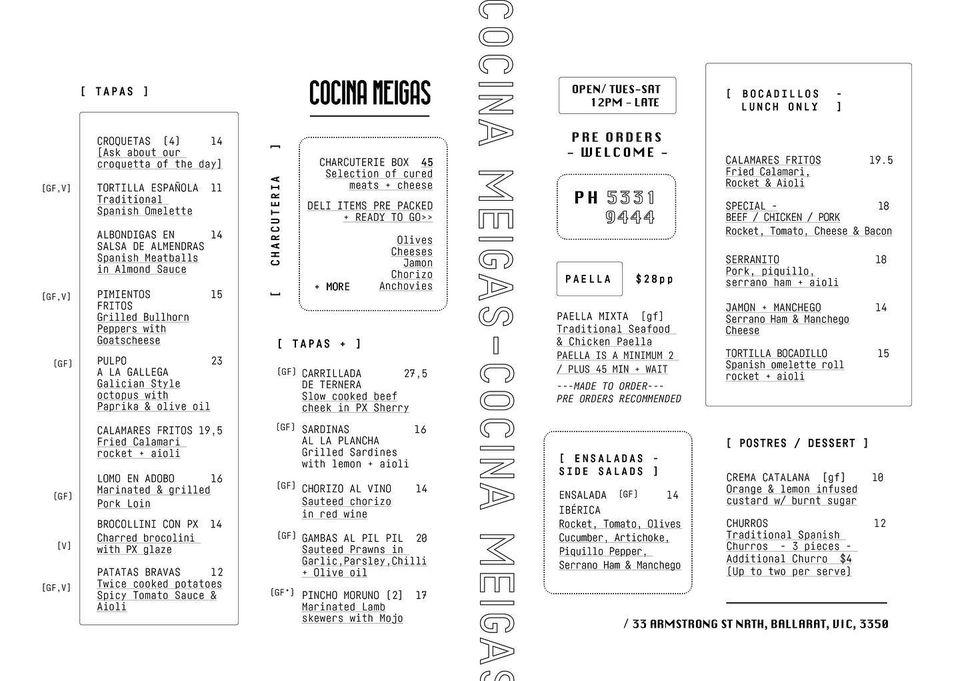 Menu at Meigas restaurant, Ballarat Central