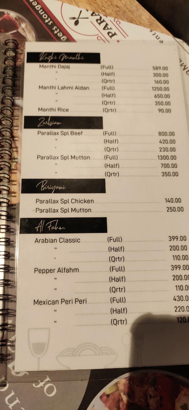 Menu at Parallax Restaurant, Kayamkulam
