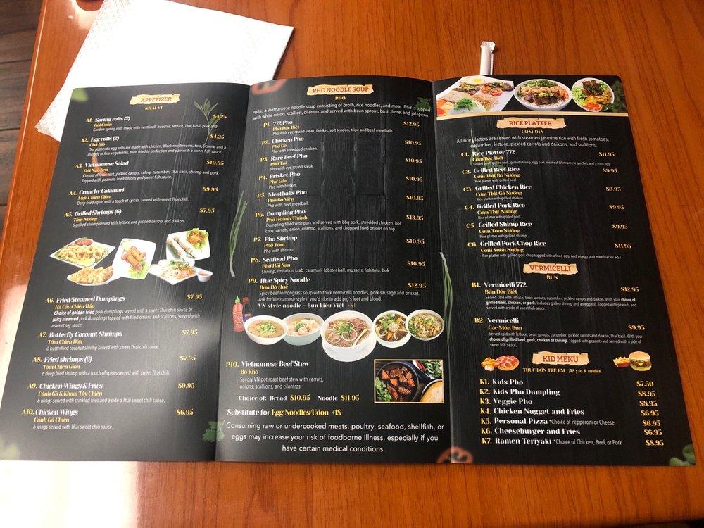 Menu at Phở 772 restaurant, Jensen Beach