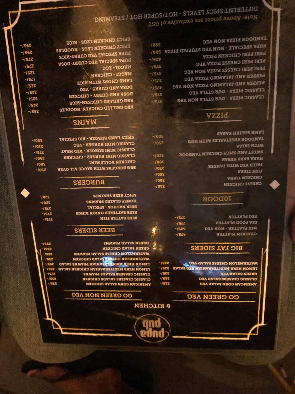 Menu at Pupa Pub Bar & Kitchen, Mysuru