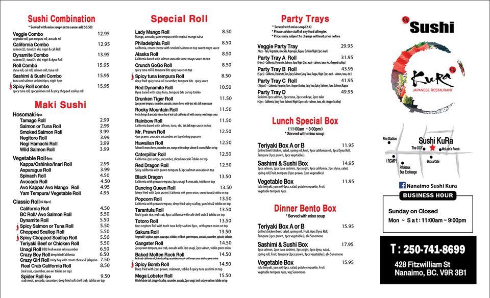 Menu at Sushi Kura restaurant, Nanaimo