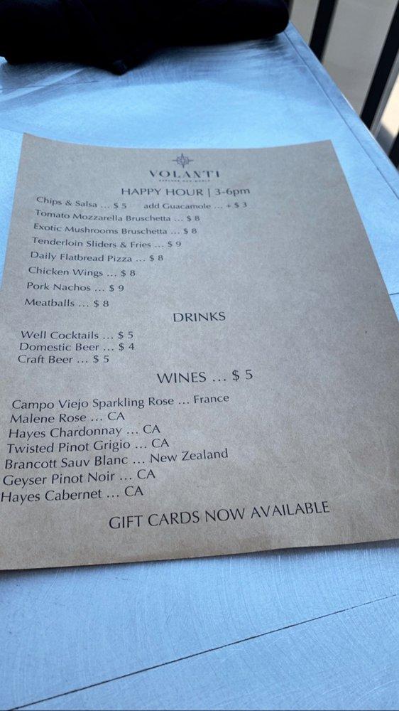 Menu at Volanti Restaurant, Scottsdale