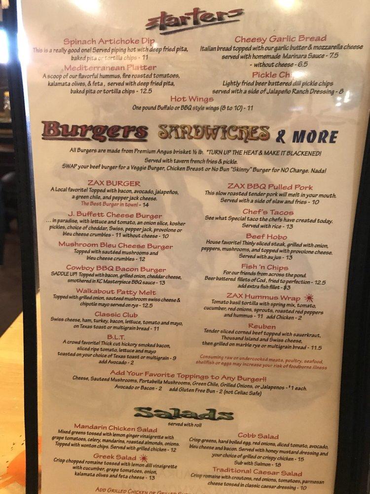 Menu at Zax Restaurant, Moab