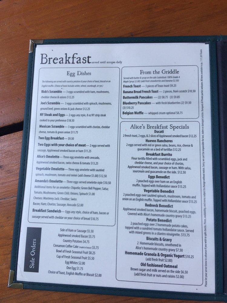 Menu at Alice's Restaurant, Woodside, Skyline Blvd