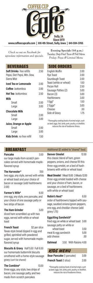 Menu at Coffee Cup Cafe, Sully