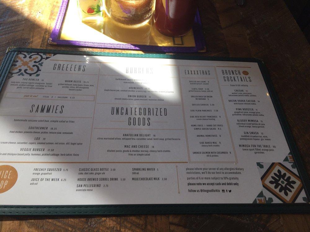 Menu at Good Fork restaurant, Toronto