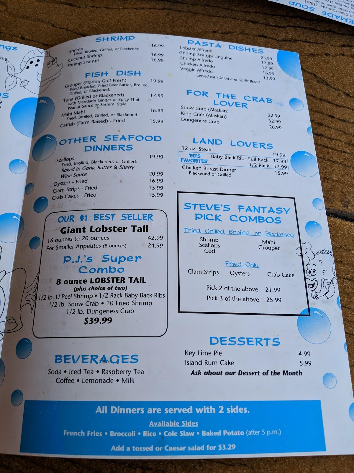 Menu at P.J.'s Oyster Bar, Indian Rocks Beach