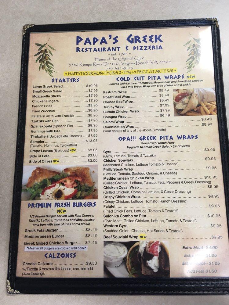 Menu at Papa's Greek family restaurant, Papas pizza, Virginia Beach