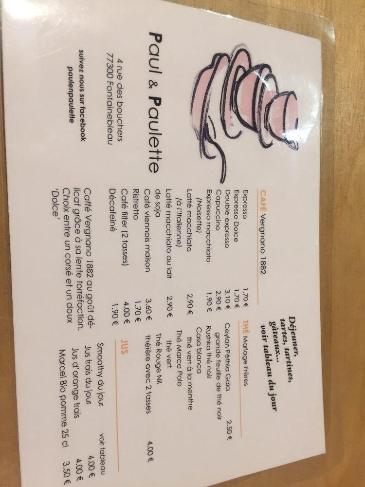 Menu at Paul & Paulette cafe, Fontainebleau