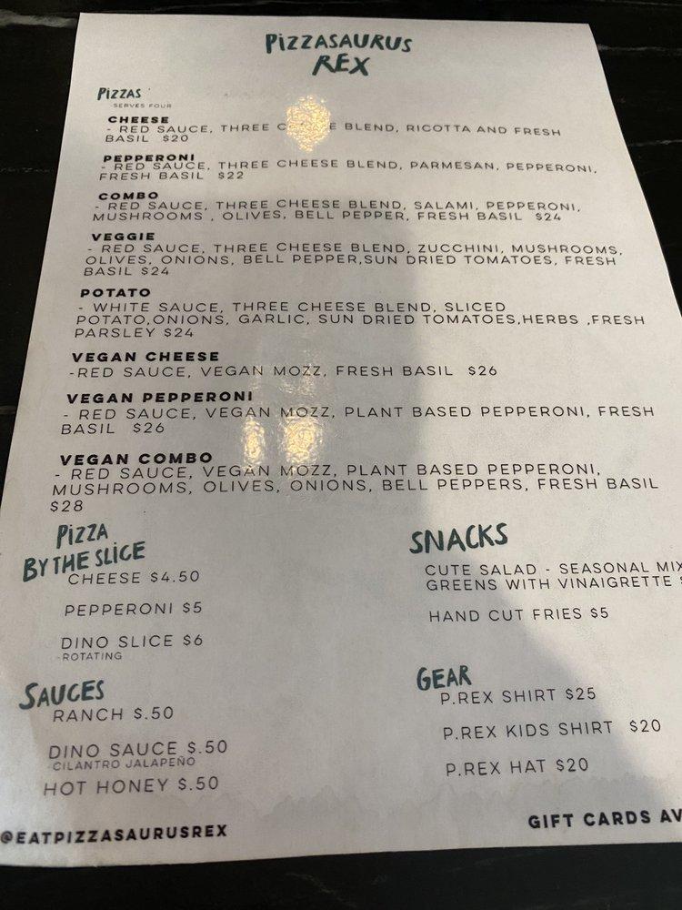 Menu at Pizzasaurus Rex pizzeria, Sacramento