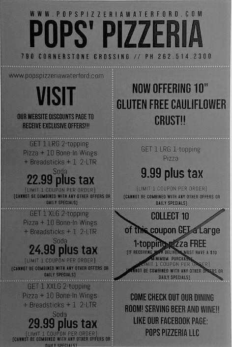 Menu at Pops' Pizzeria, Waterford