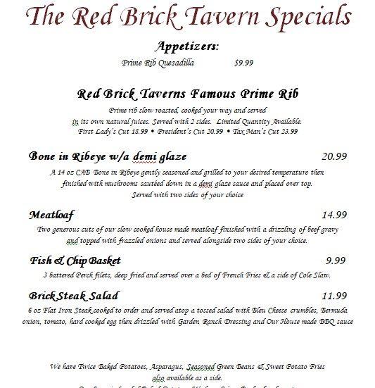 Menu at Red Brick Tavern pub & bar, London, Cumberland St