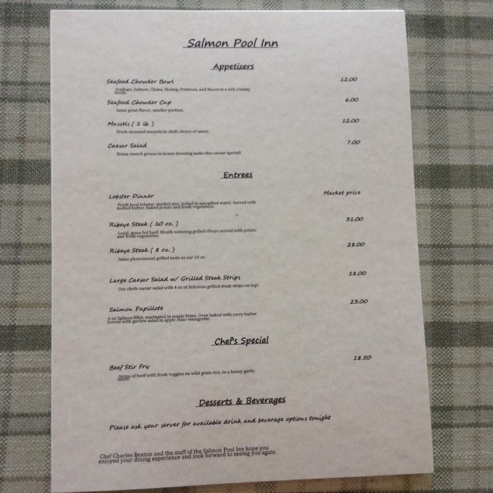 Menu at Salmon Pool Inn & Cottage Self Catering pub & bar, Canada