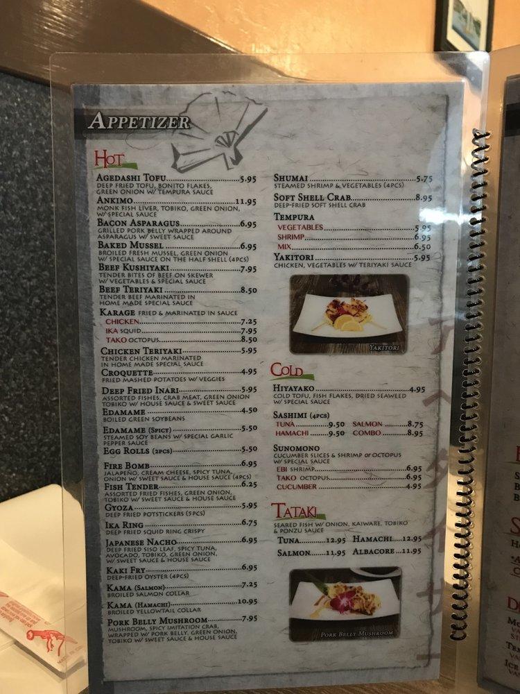Menu at Sushi Jae restaurant, San Jose