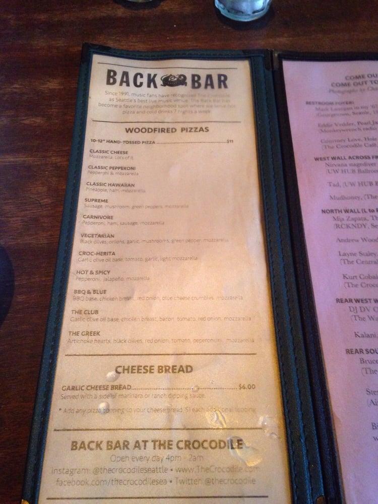Menu at The Crocodile pub & bar, Seattle