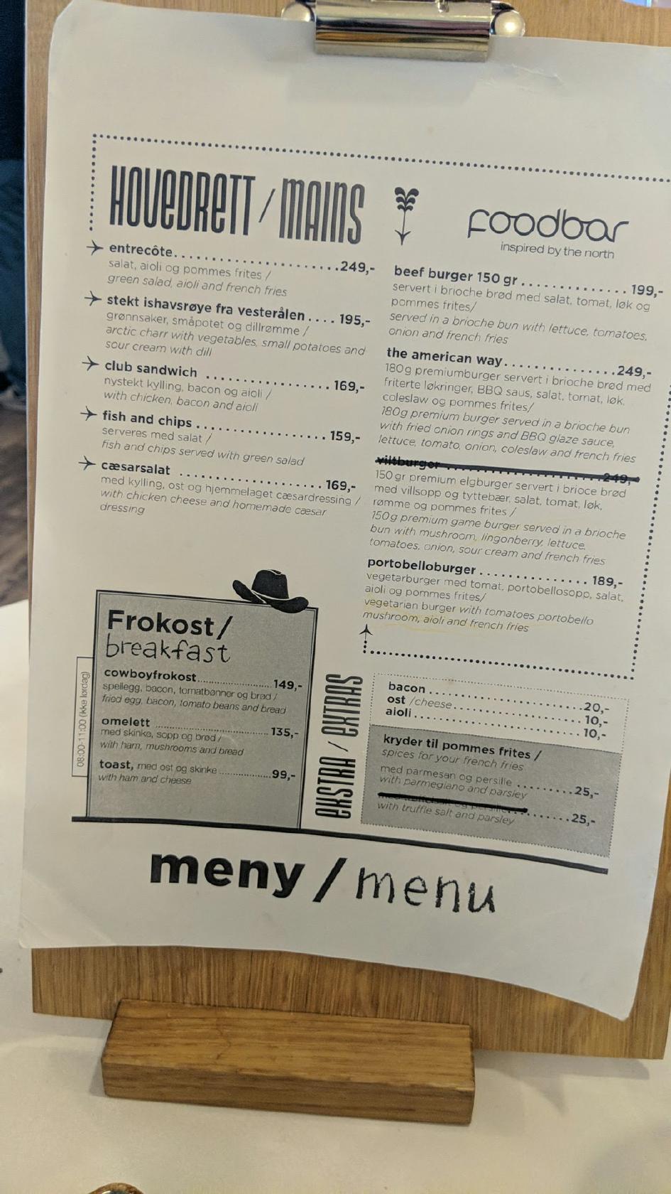 Menu at foodbar inspired by the north, Norway